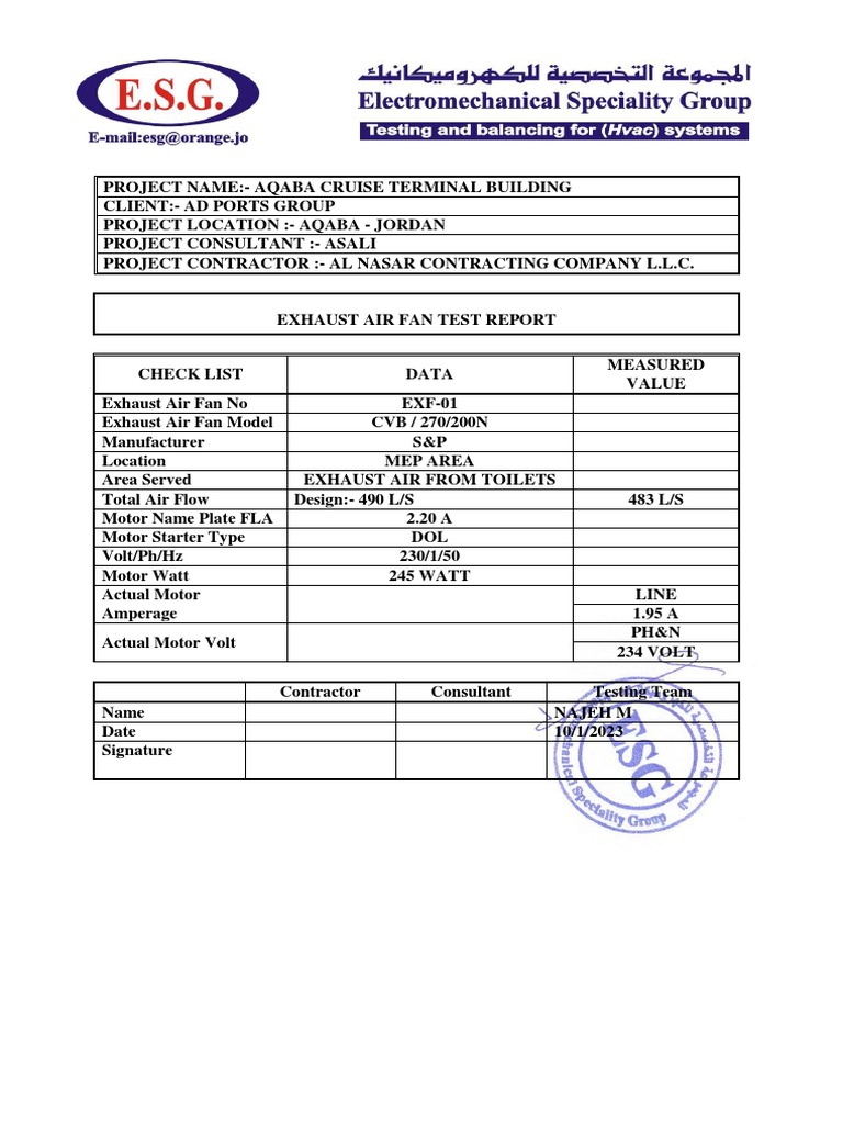 Exhaust Air Fan Test Report - AQABA | PDF