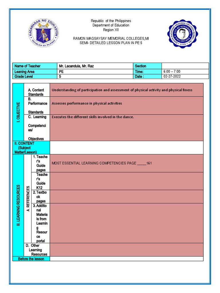 Lesson Plan in PE | PDF