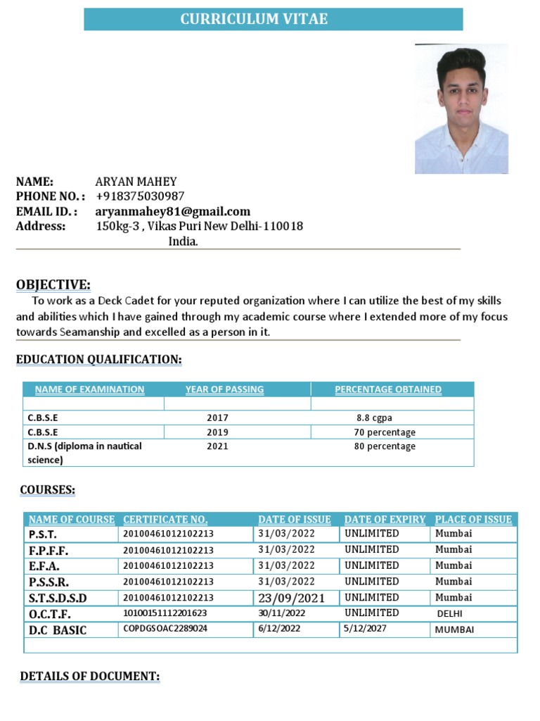 Deck Cadet Aryan CV | PDF