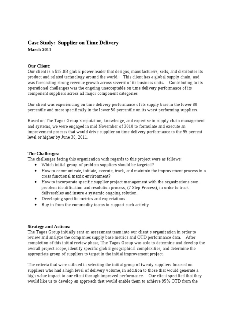 Supplier On-Time Delivery Improvement Case Study | PDF | Supply Chain ...