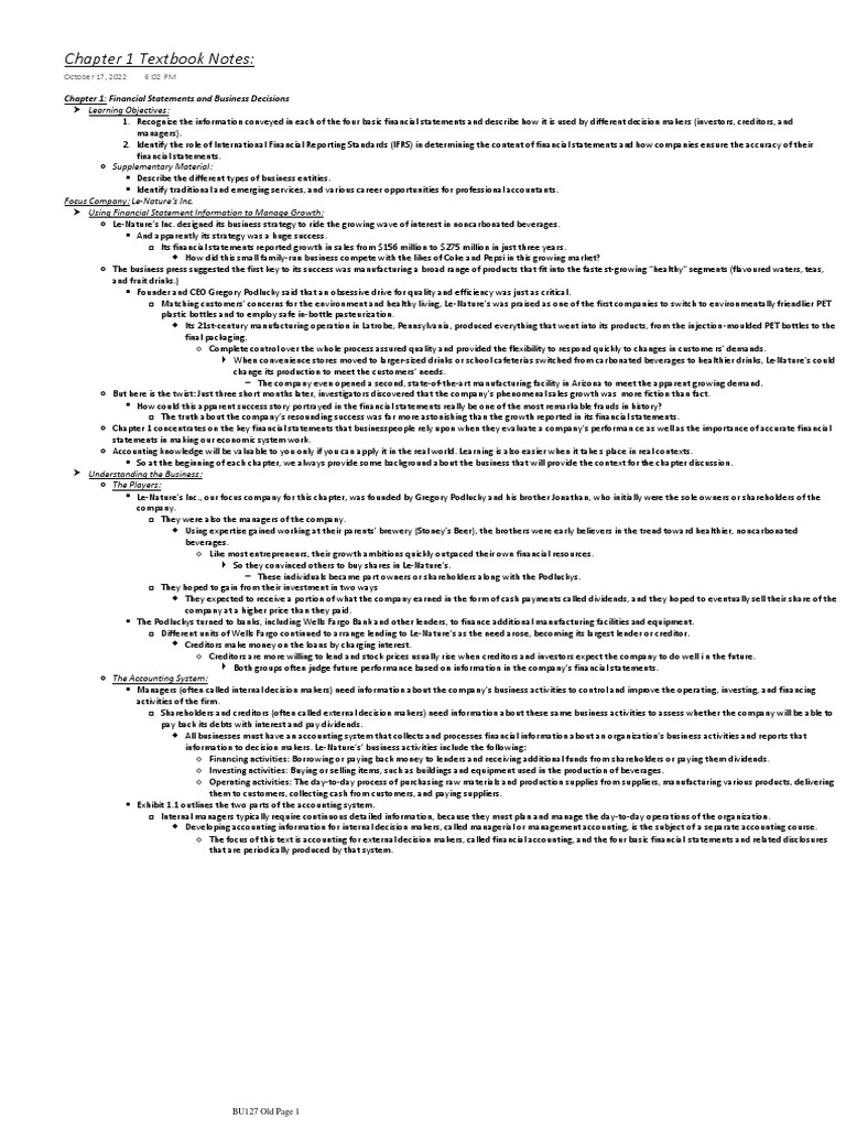 Chapter 1 Textbook Notes | PDF | Balance Sheet | Equity (Finance)