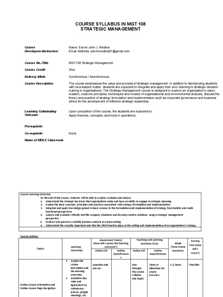 MGT108 Strategic Management Syllabus | PDF | Strategic Management ...