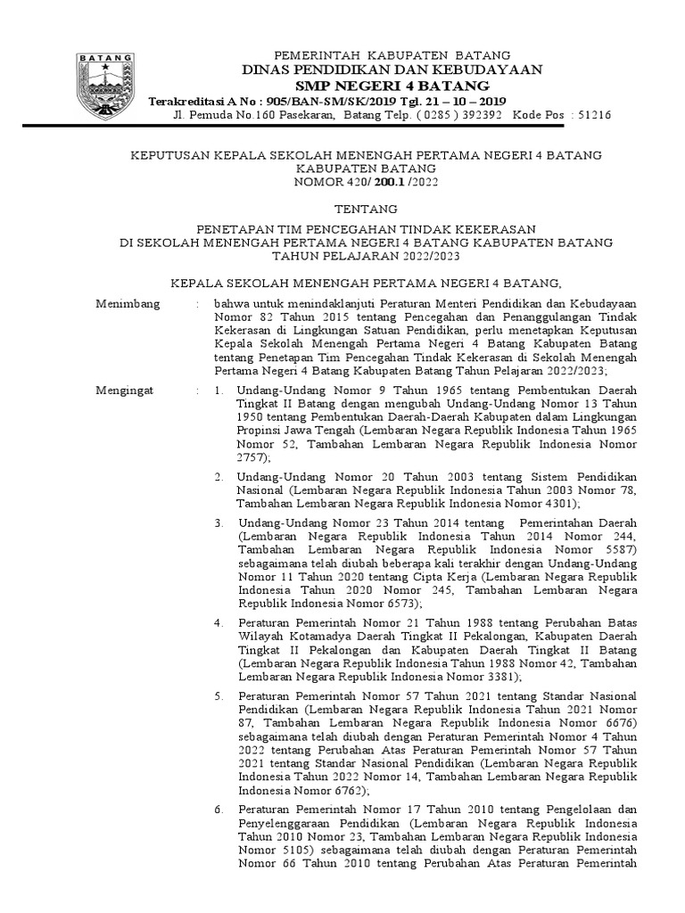 Contoh SK Tim Pencegahan Dan Penanggulangan Kekerasan | PDF