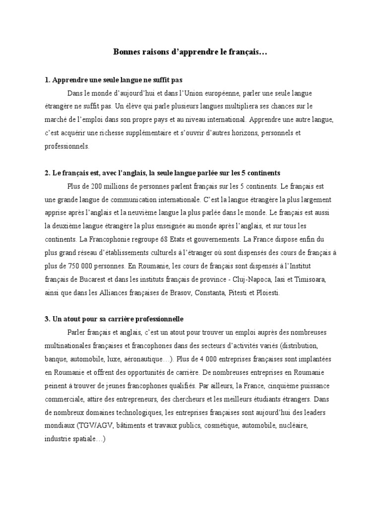 Raisons Pour Apprendre Francais | PDF | Langue française | France