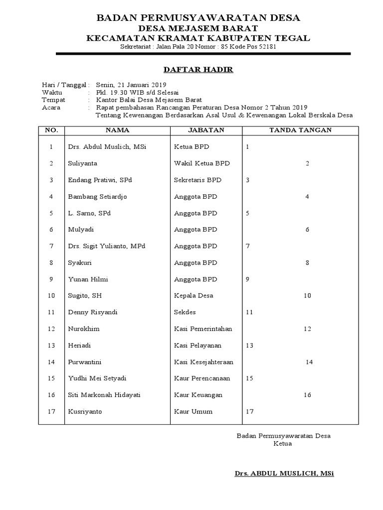 Daftar Hadir BPD 2 | PDF