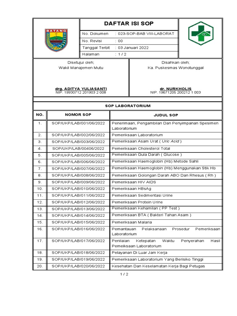 023.daftar Isi SOP BAB VIII Laboratorium | PDF