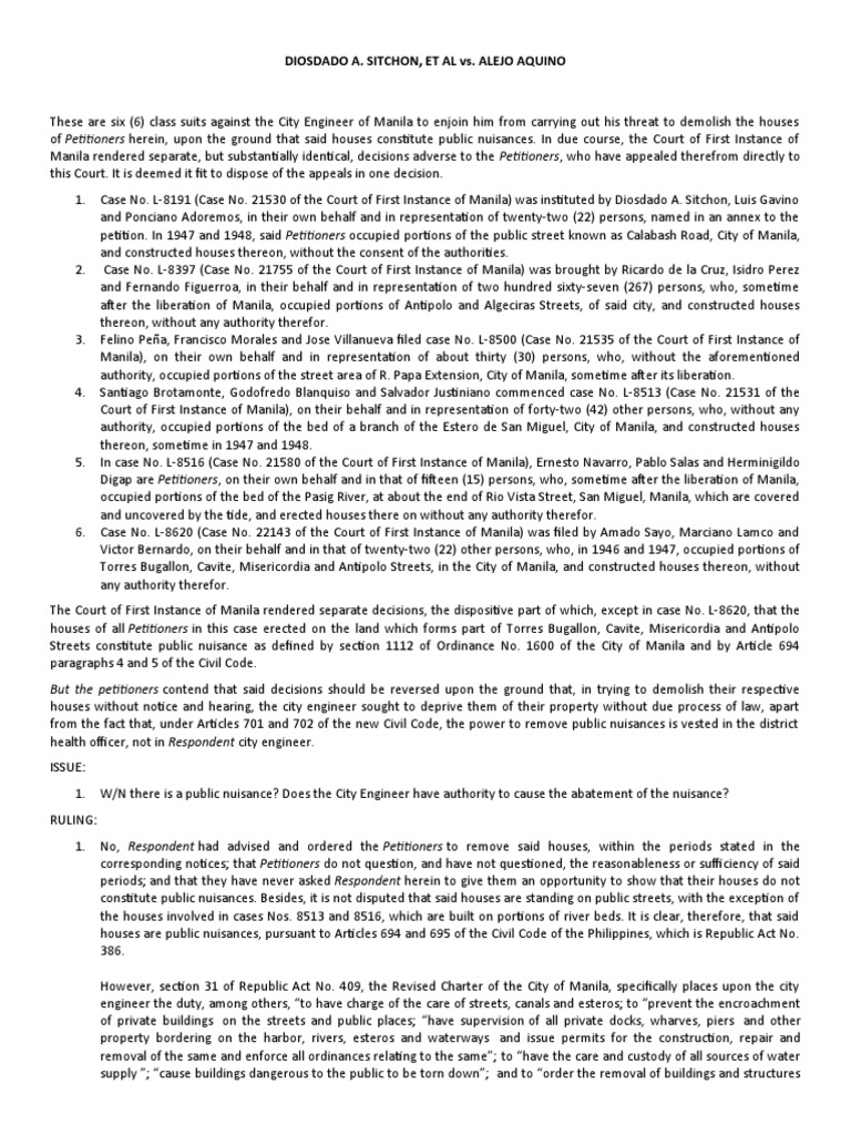 DIOSDADO A. SITCHON, ET AL vs. ALEJO AQUINO | PDF | Nuisance | Common Law