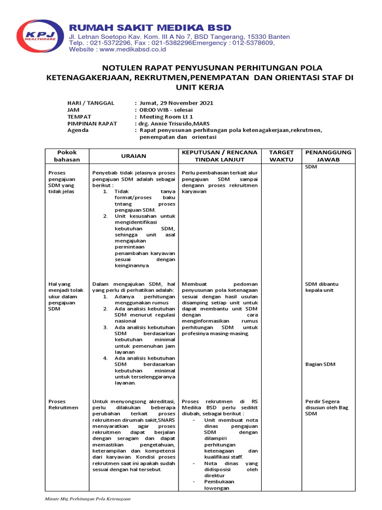 Notulen Perhitungan Pola Ketenagaan | PDF