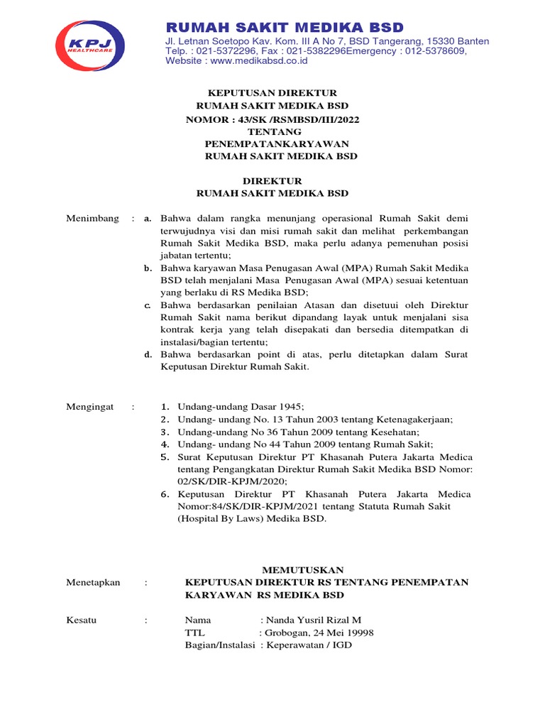 SK Penempatan Nanda Yusril (Perawat IGD) | PDF