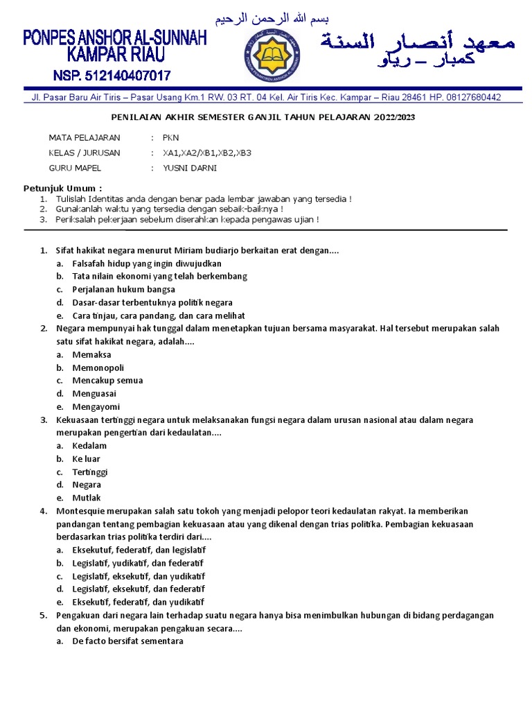 Kop Soal Ujian Semester | PDF