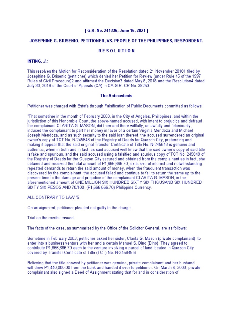 Estafa Case: Brisenio vs. People of PH | PDF | Fraud | Forgery