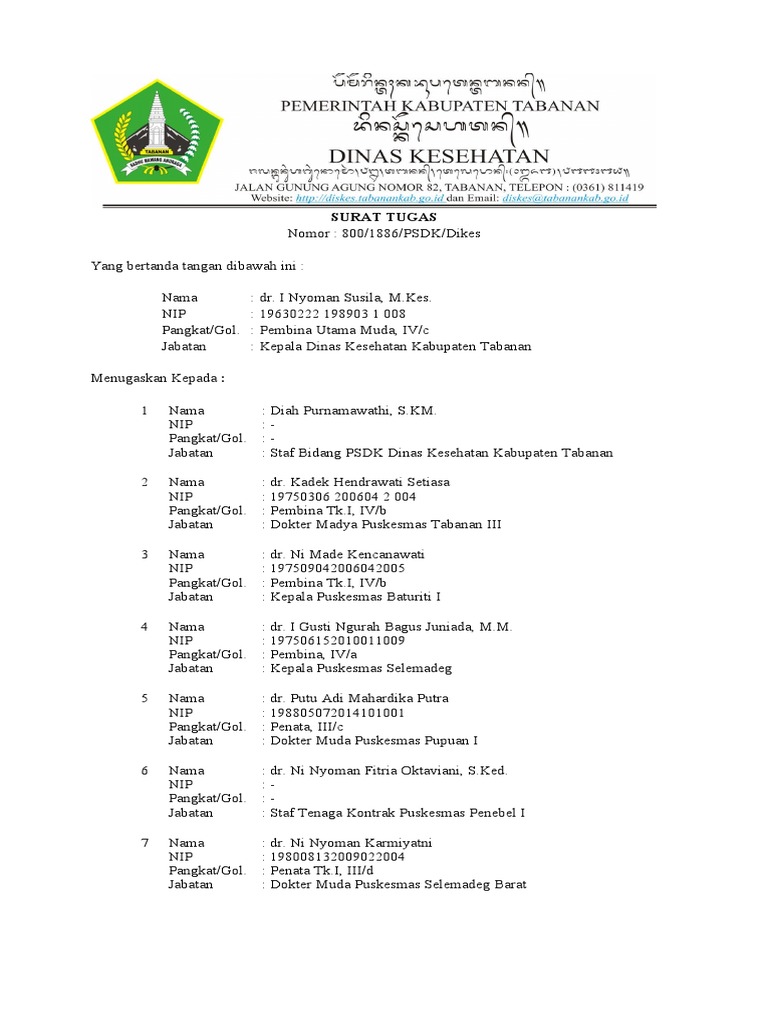 Surat Tugas Koordinasi Kesehatan Tabanan | PDF