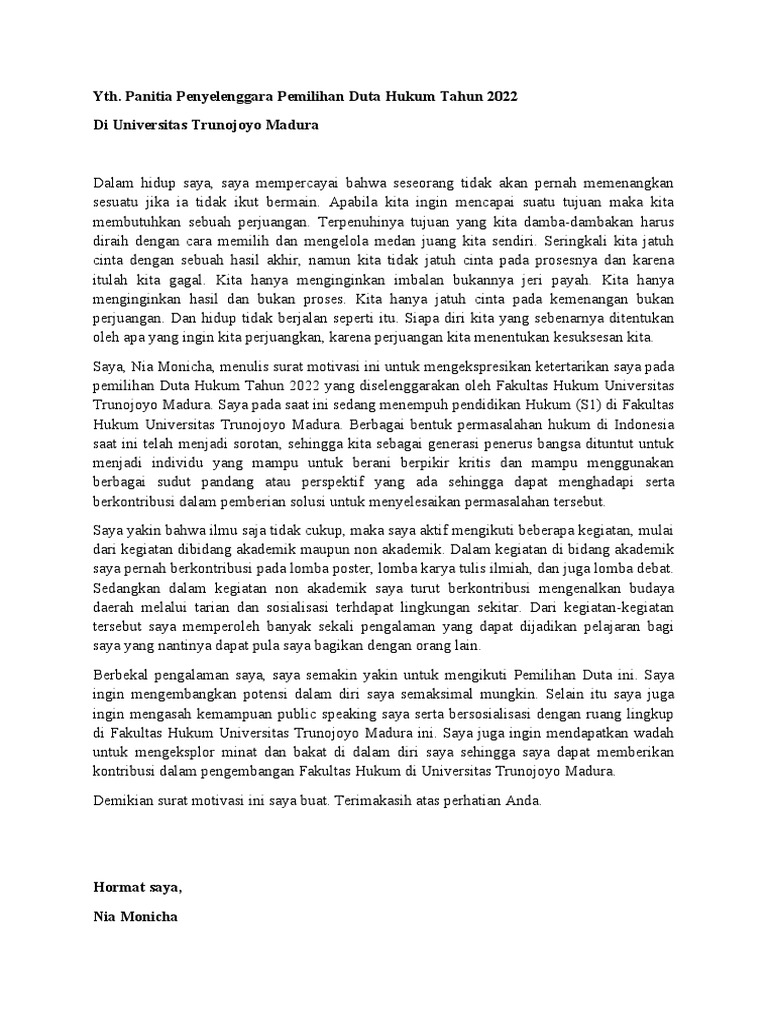 Motivation Letter - Nia Monicha | PDF