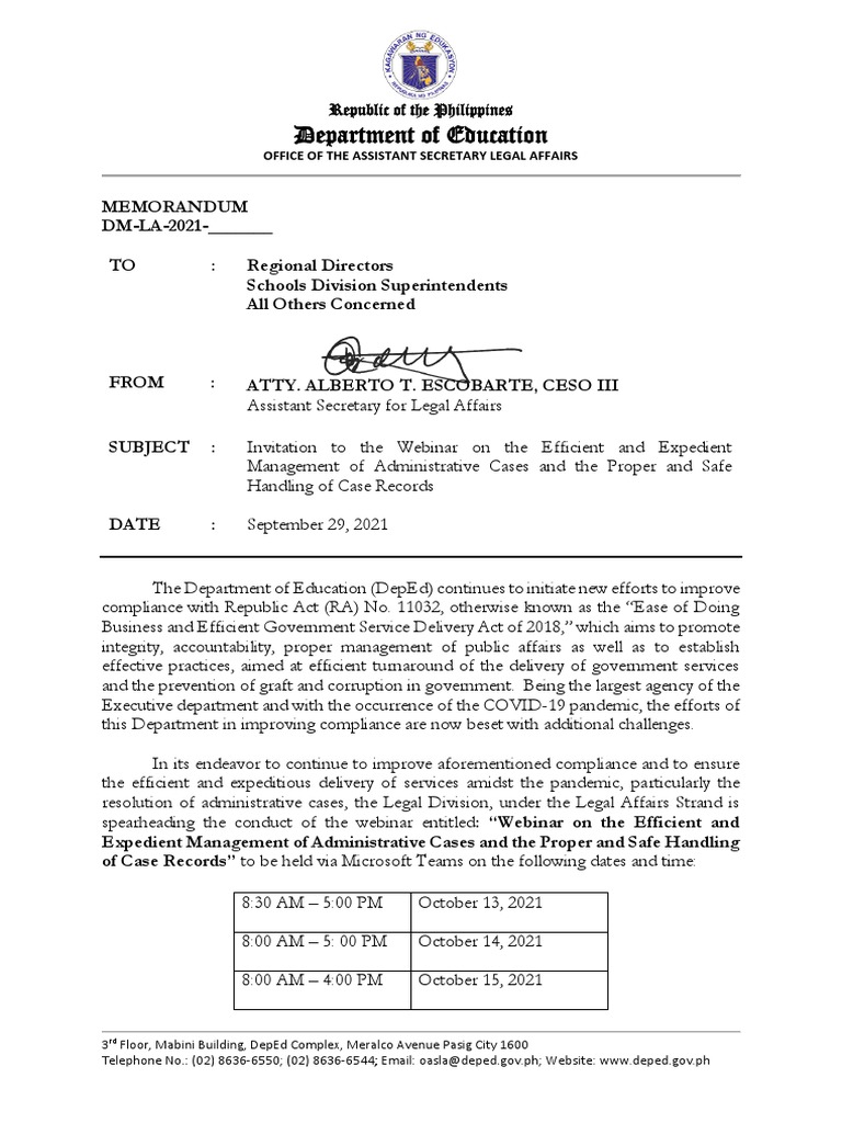 Memorandum Invitation To Field - RO and SDO Relative To The Document Management Webinar | PDF ...