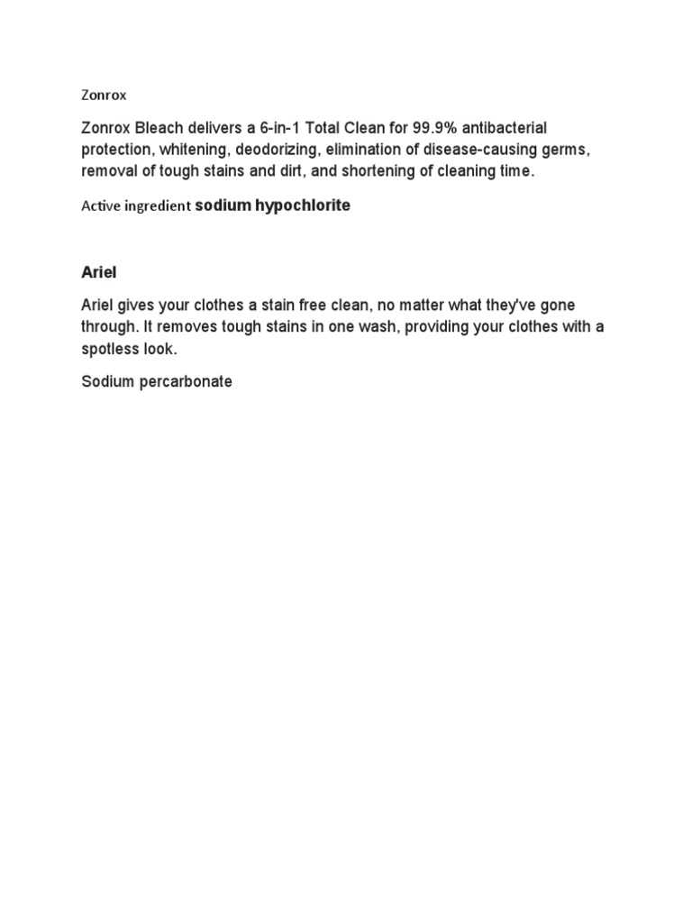 Zonrox Bleach: Active Ingredients & Uses | PDF