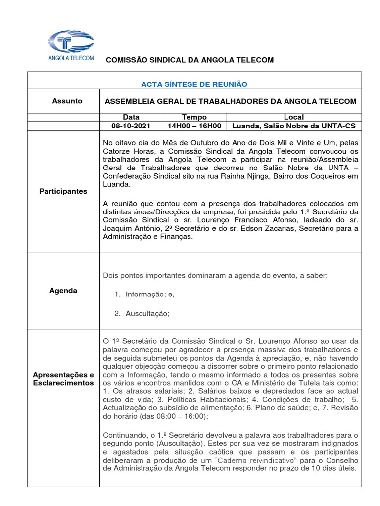 Acta A Sembleia Geral Ocorrida Na Unta-Cs | PDF | Custo de vida | Angola