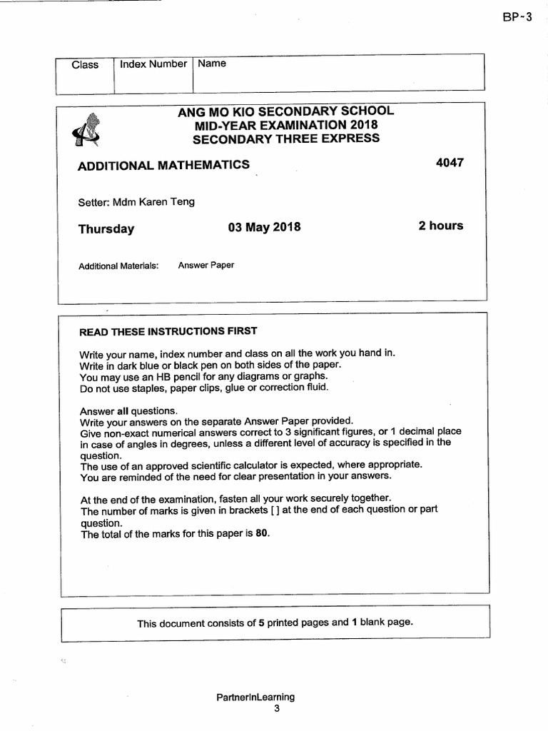 A Math Sec 3 Sa1 2018 Ang Mo Kio Sec Pdf