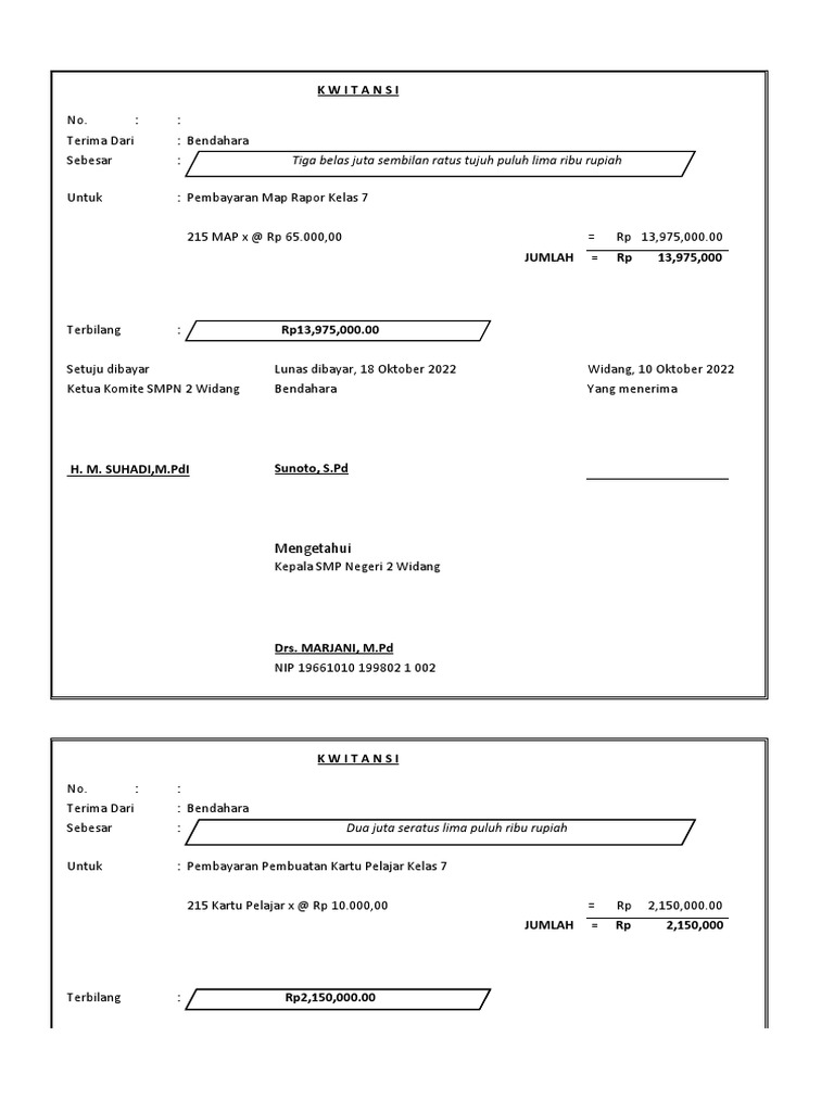 Kwitansi: Tiga Belas Juta Sembilan Ratus Tujuh Puluh Lima Ribu Rupiah | PDF