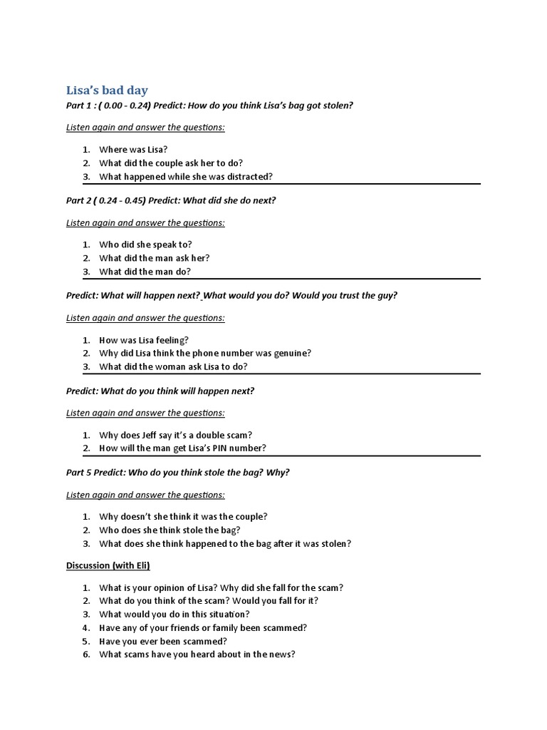 Lisas Bad Day Student Handout Final Version | PDF