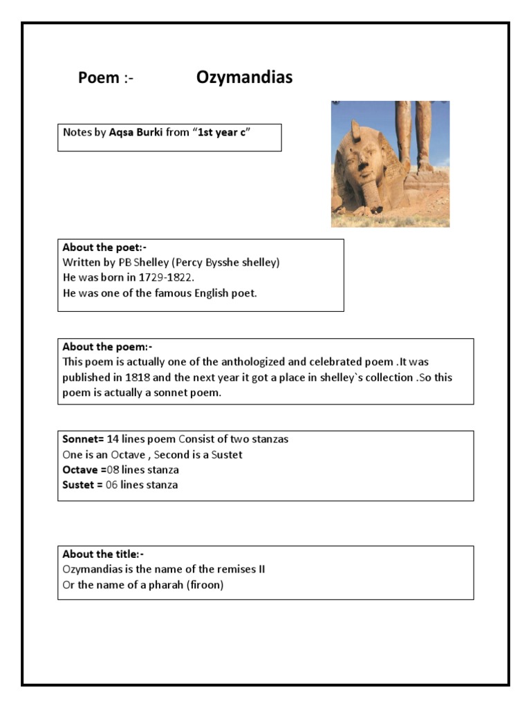 Ozymandias Poem Notes by Aqsa | PDF | Stanzaic Form | Composition ...