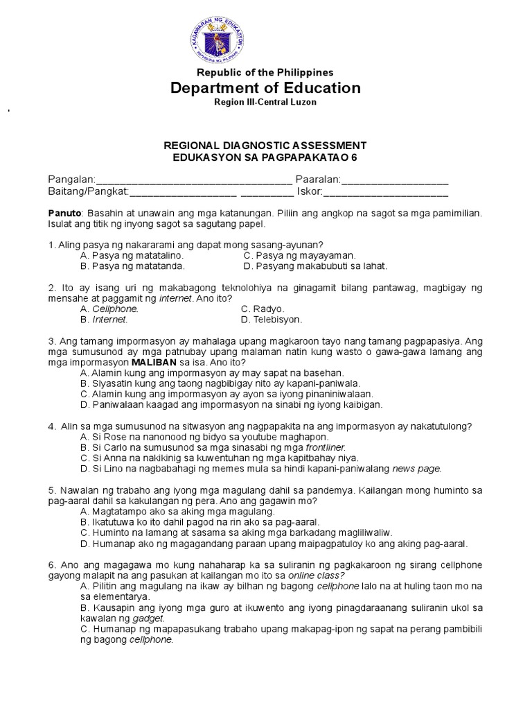 Diagnostic Assessment EsP Grade 6 | PDF