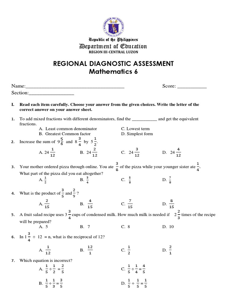 Math 6 Achievement Test | PDF | Multiplication | Elementary Mathematics