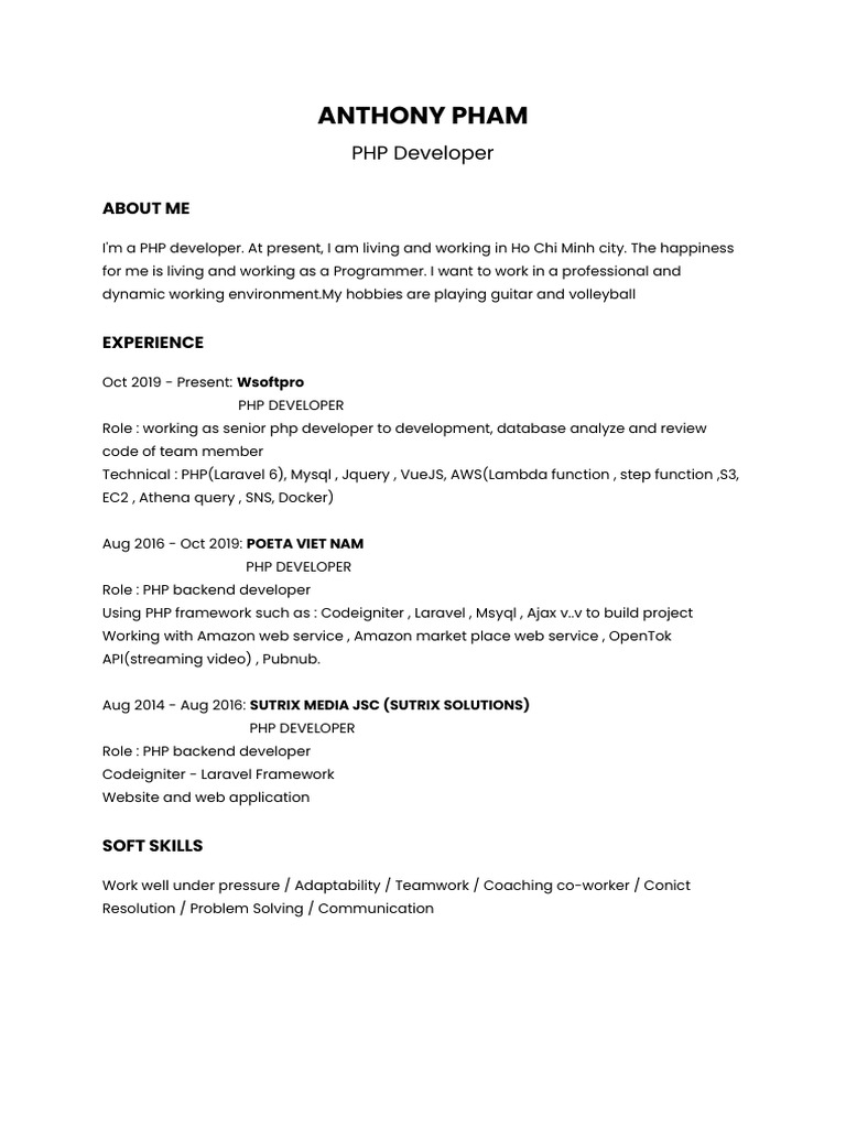 CV PHP - Anthony Pham | PDF