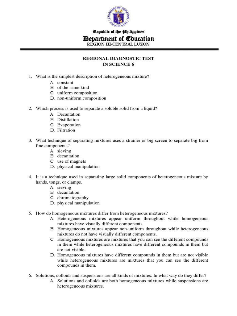 Science 6 Regional Diagnostic Test | PDF | Mixture | Atrium (Heart)