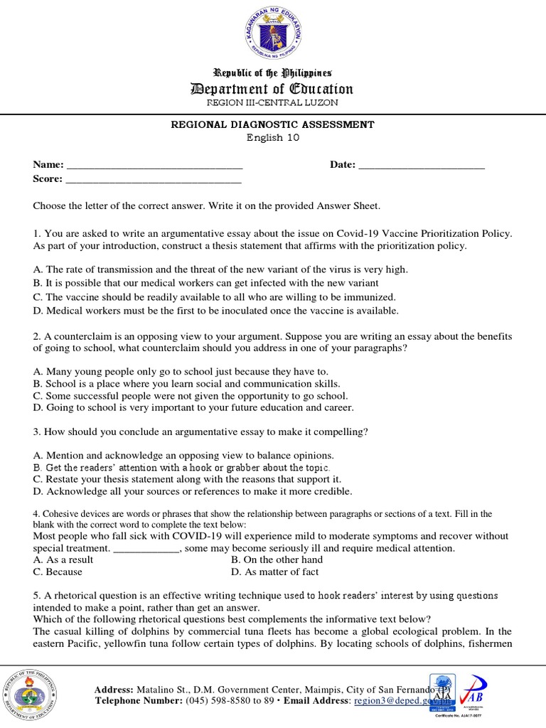 Diagnostic Assessment Tool in English Grade 10 | PDF | Presidents Of ...
