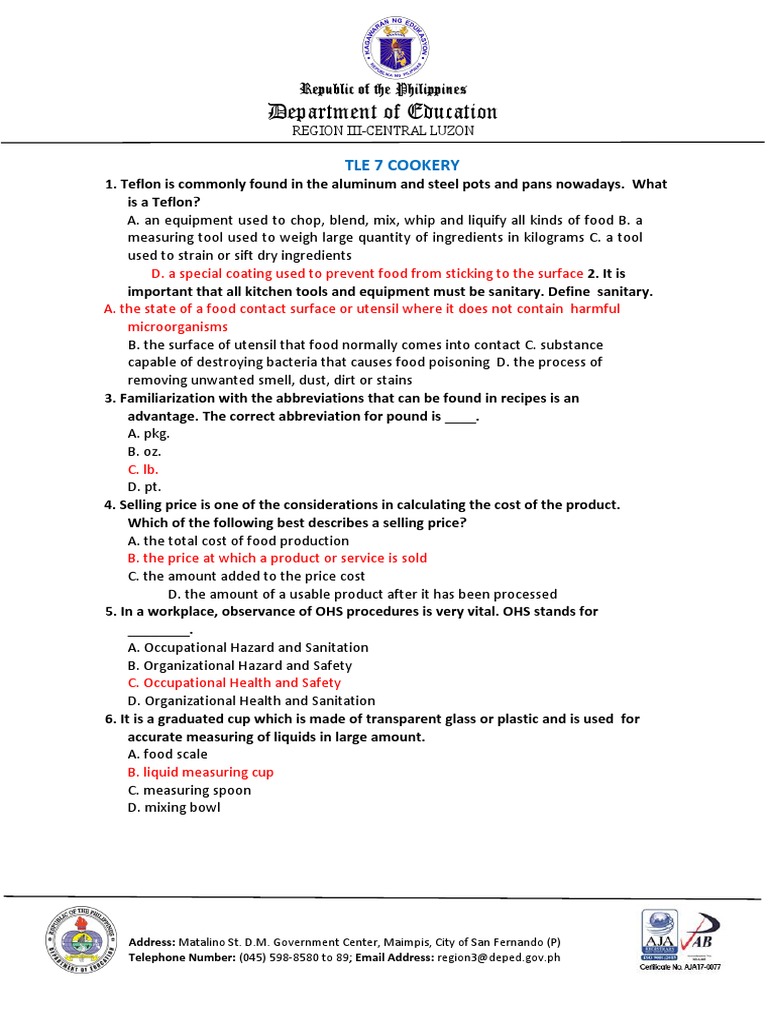 Test Items TLE - Cookey - Grade 7 - Balanga City - Galang 1 | PDF ...