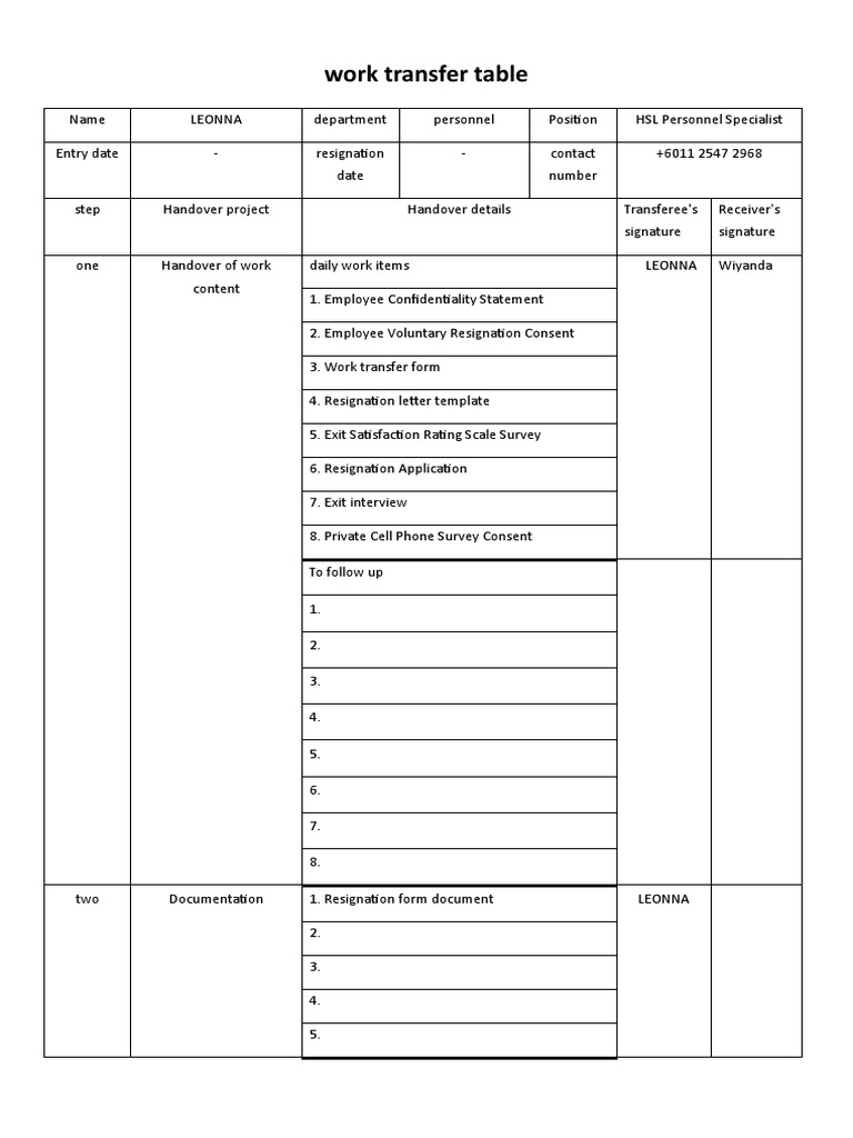工作交接表 - Work Transfer Table Ms Leona | PDF | Information Science | Computing