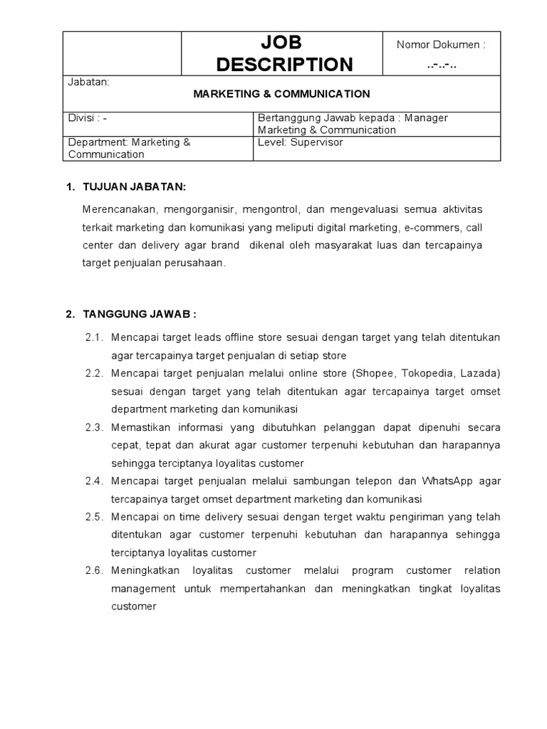 JD Supervisor Marcom - Hitam - Salin | PDF