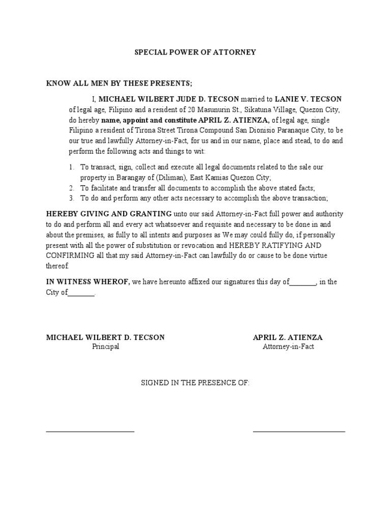 Special Power of Attorney Tecson | PDF | Power Of Attorney | Government
