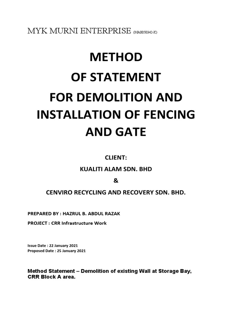 Method Statement - DEMOLITION BUILDING - FENCING | PDF | Demolition | Personal Protective Equipment