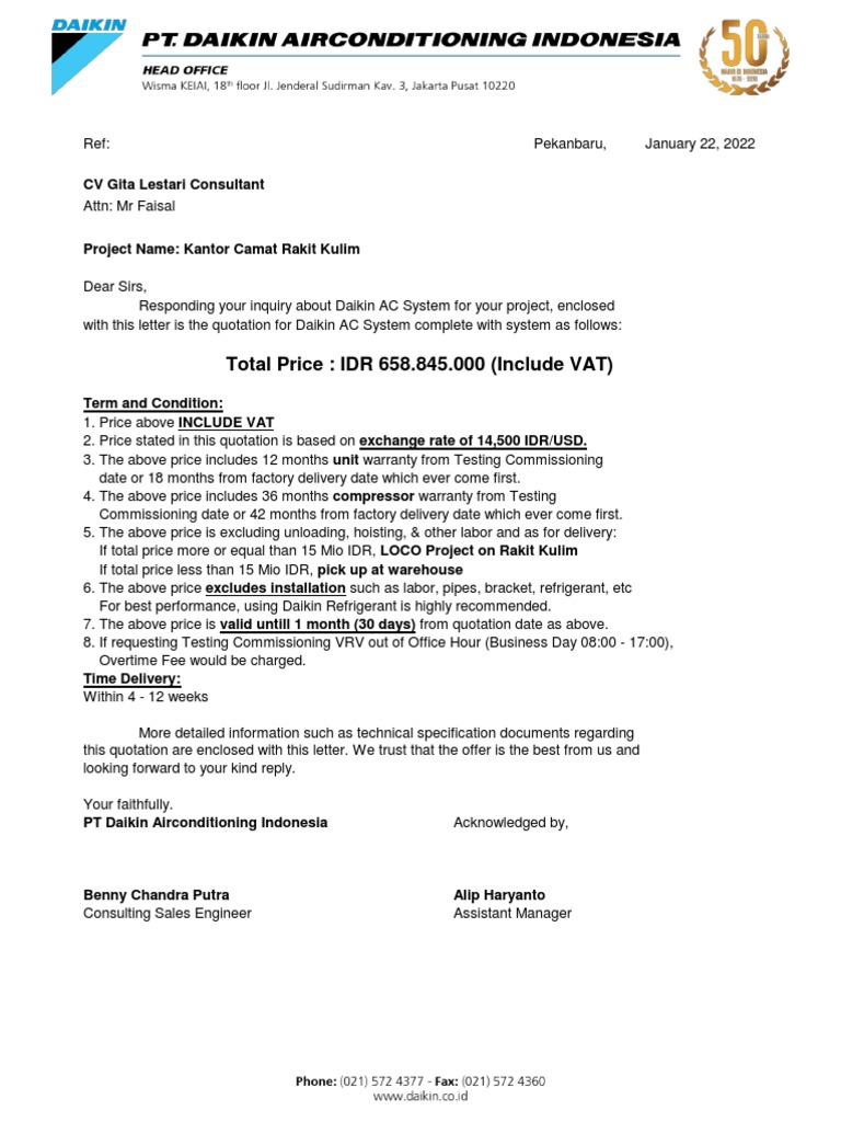 Daikin AC Quotation for Rakit Kulim | PDF