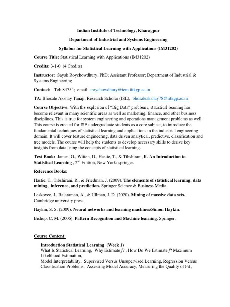 Statistical Learning Syllabus for ISE | PDF | Regression Analysis | Support Vector Machine