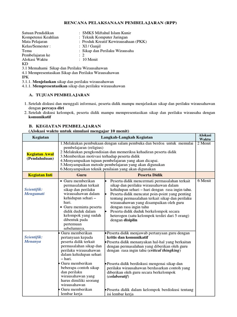 RPP Produk Kreatif Kewirausahaan | PDF