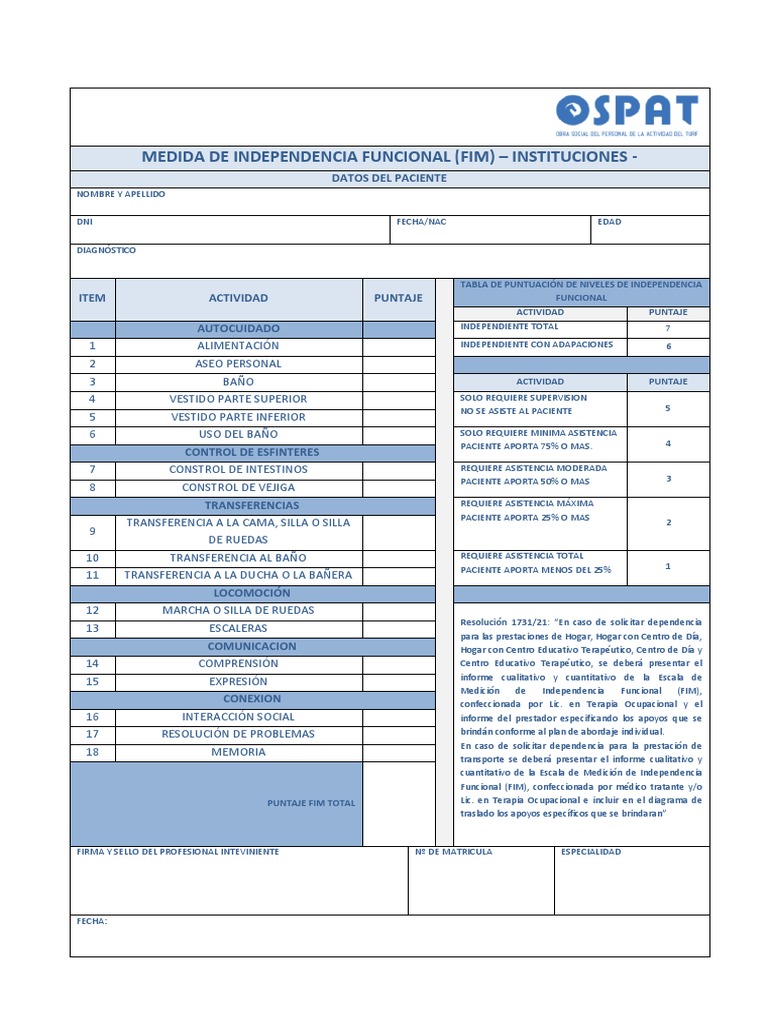 Tabla FIM - INSTITUCIONES 1 | PDF | Terapia ocupacional | Medicina CLINICA