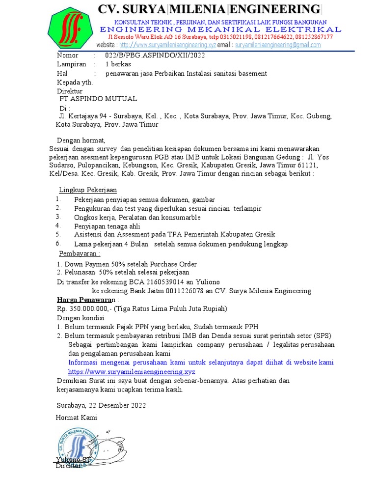 Penawaran Pekerjaaan Pengurusan PGB IMB PT ASPINDO | PDF
