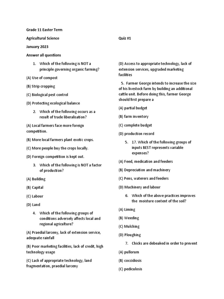 Grade 11 Agricultural Science Quiz | PDF | Agriculture | Food Industry
