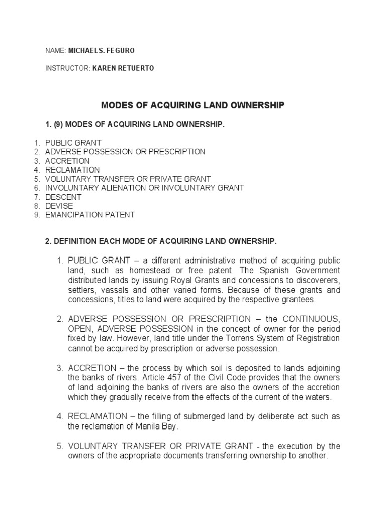 Modes of Acquiring Land Ownership | PDF
