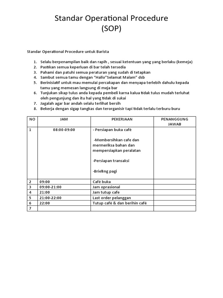 Standar Operational Procedure Untuk Barista | PDF