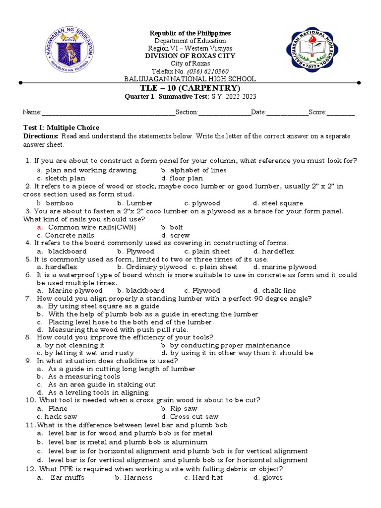 Carpentry 10 - 1st Quarter Summative Test | PDF | Personal Protective ...