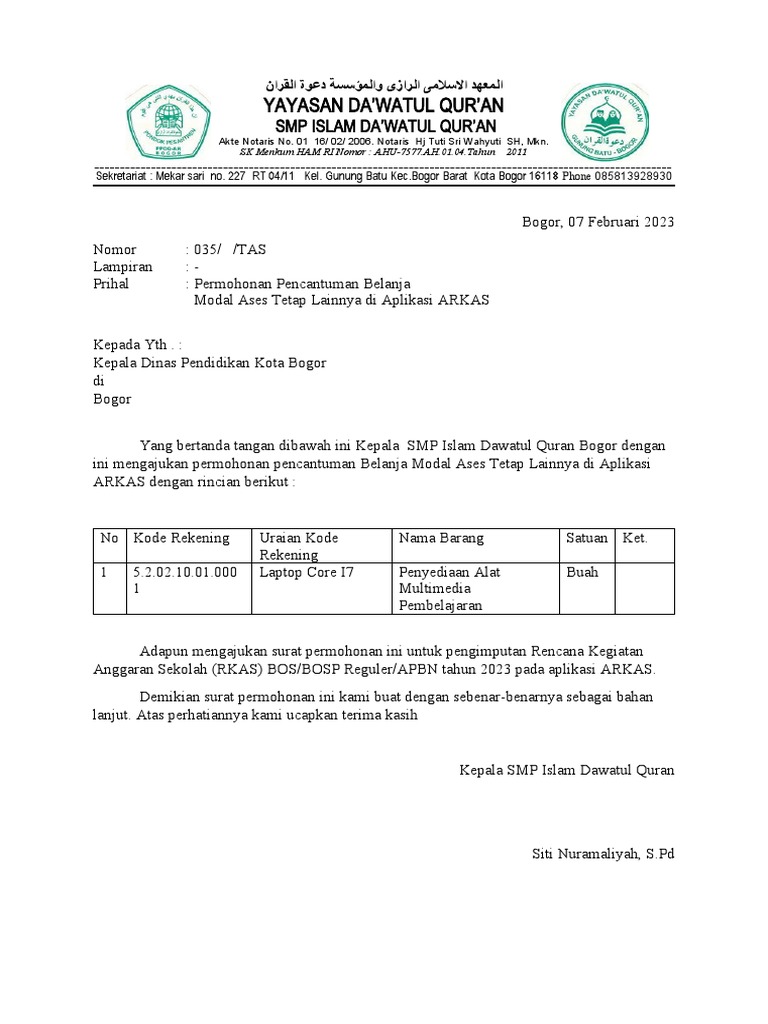 Surat Pengajuan Belanja Modal | PDF