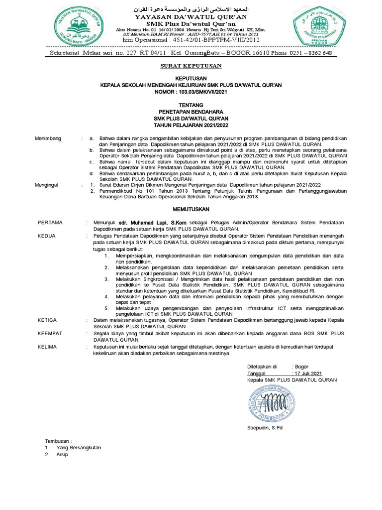 Contoh SK Bendahara | PDF