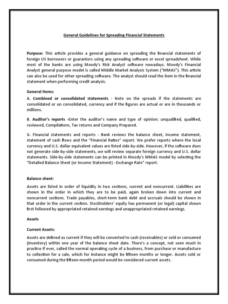 General Guidelines For Spreading Financial Statements | PDF | Balance ...