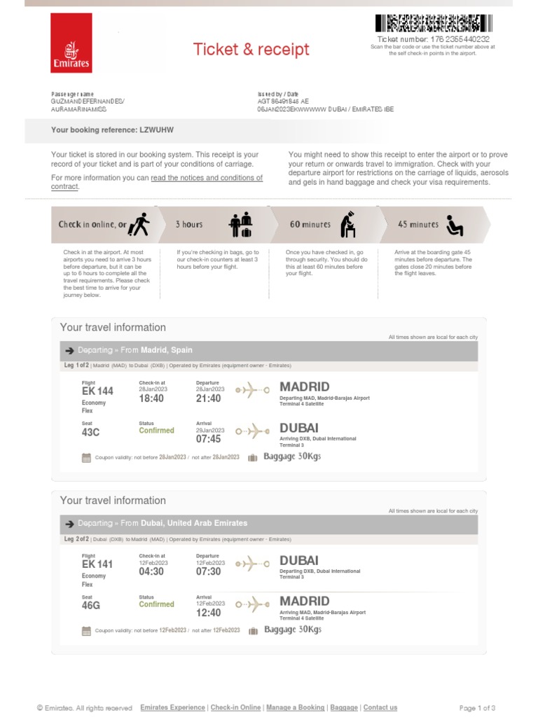 Emirates Ticket 1 | Download Free PDF | Baggage | Transport