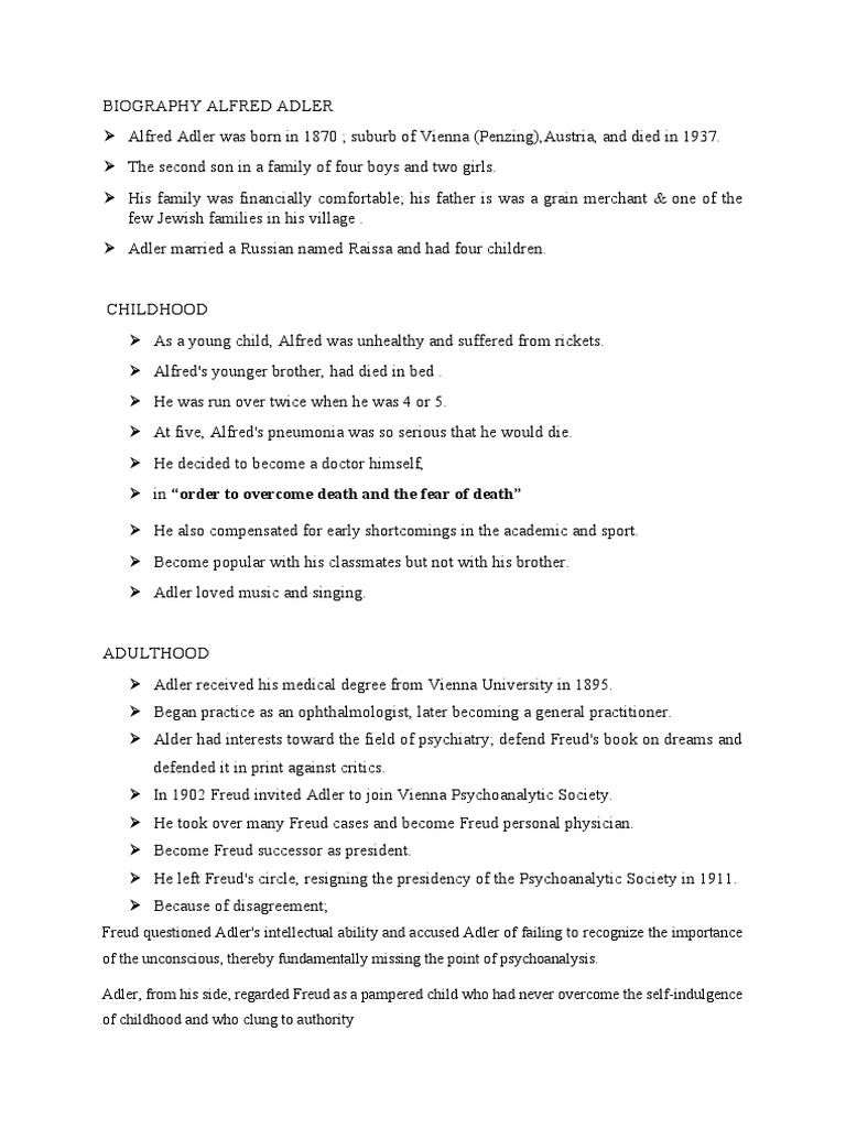 Biography Alfred Adler | PDF | Sigmund Freud | Psychoanalysis