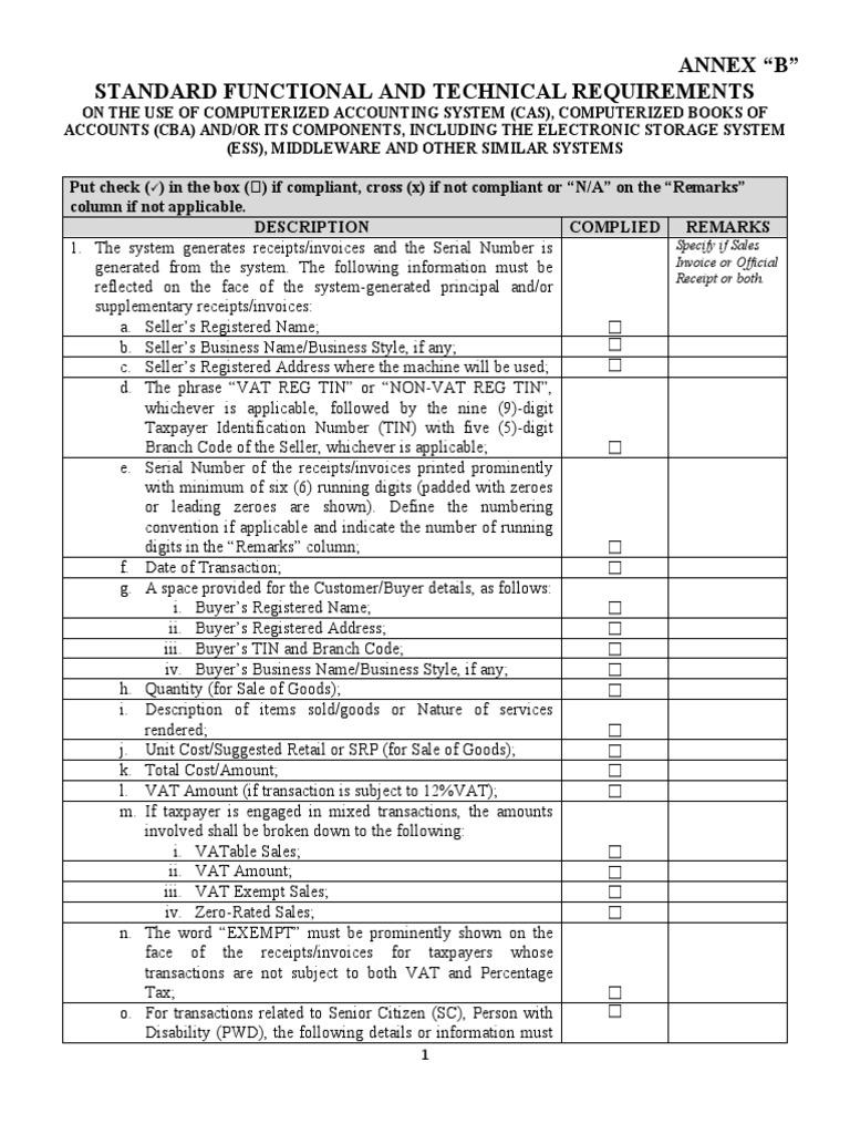 Annex B Standard Functional Requirements PDF Invoice Receipt