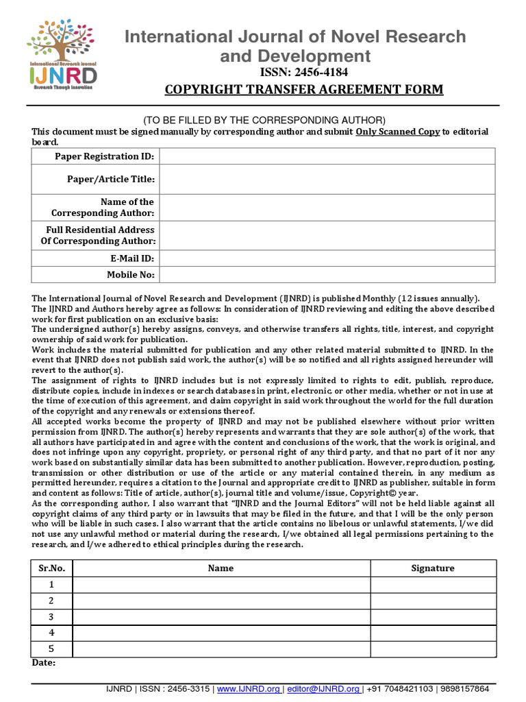 Copyright Transfer Form (IJNRD) | PDF | Copyright | Property Law